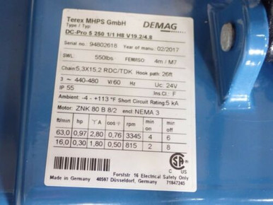 Shop Demag Dc-Pro 5-250 1/1 H8 V19.2/4.8 Hoist, 550Lb Lift Cap. 480Vac ...