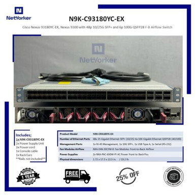 Cisco N9K-C93180Yc-Ex 48X25Gb Sfp+ 6X 100Gb Qsfp28 F-B Airflow Switch ...
