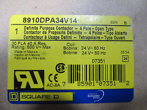 Square D 8910DPA34V14 Definite Purpose Contactor 4 Pole 40 Amps Coil ...