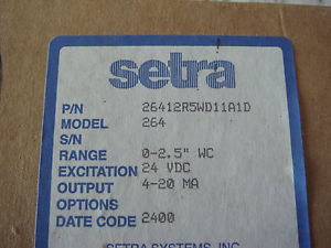 Setra Model 264 Part #26412R5Wd11A1D 0-2.5Wc 24Vdc Input 4-20 Ma Output ...