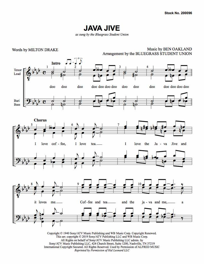 Java Jive (TTBB) (arr. Bluegrass Student Union) - Download - Barbershop ...