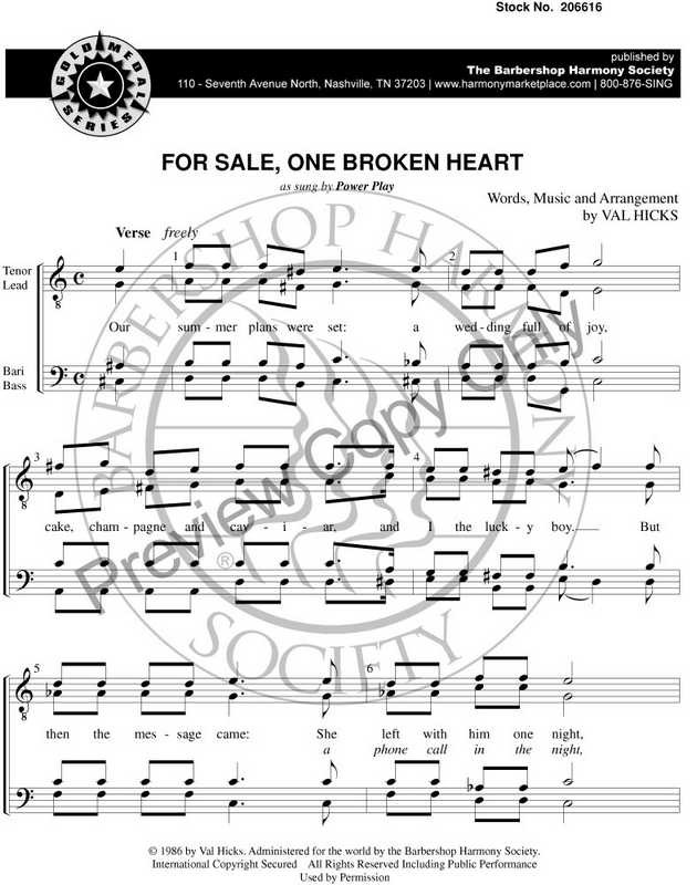 For Sale, One Broken Heart (TTBB) (arr. Hicks) - Barbershop Harmony Society