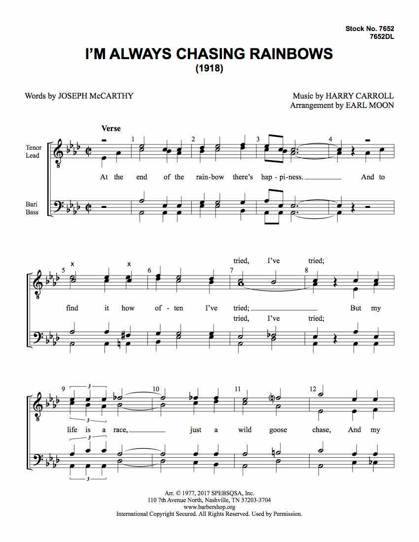I'm Always Chasing Rainbows (TTBB) (arr. Moon) - Download - Barbershop ...