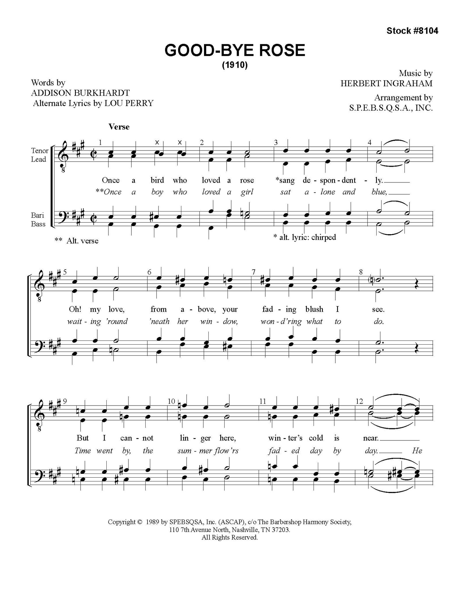 Good-Bye Rose (TTBB) - Download - Barbershop Harmony Society