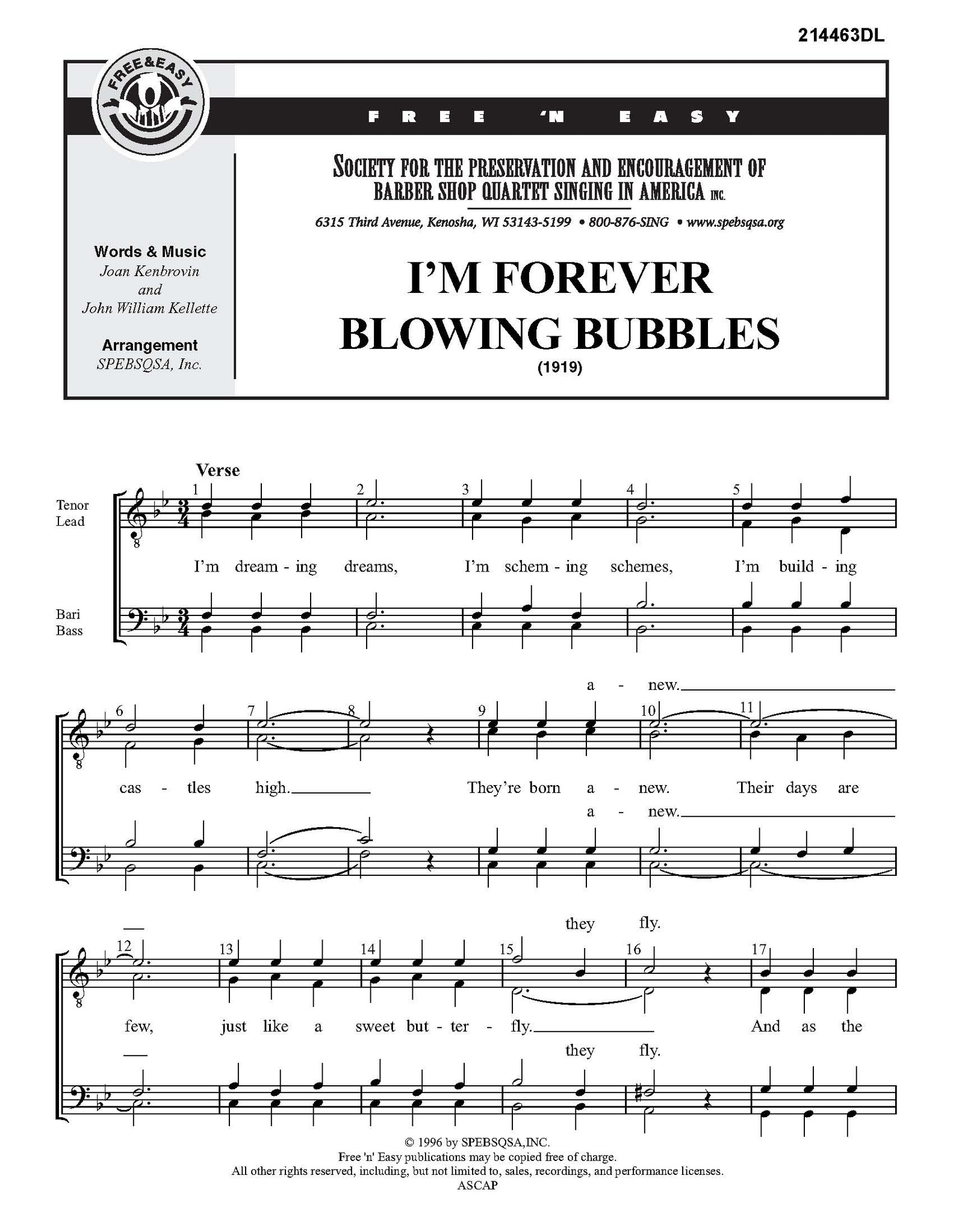 I'm Forever Blowing Bubbles (TTBB) - Free Digital Sheet Music ...
