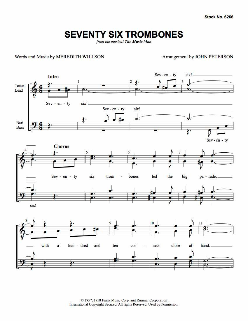 Seventy-Six Trombones (from "The Music Man") (TTBB) (arr. Peterson ...