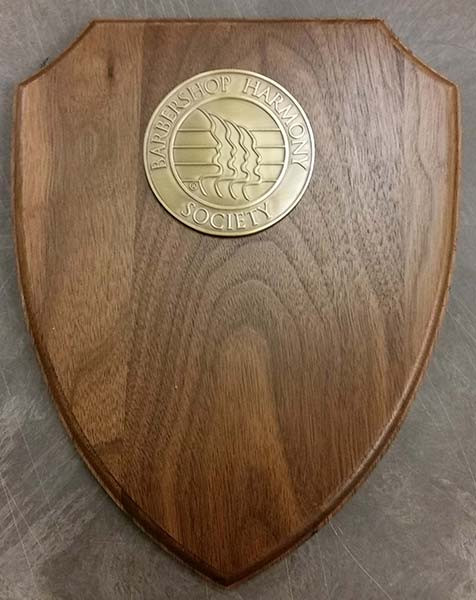 Walnut Shield Plaque with BHS Seal - Barbershop Harmony Society