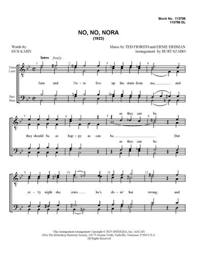No, No, Nora (TTBB) (arr. Burt Szabo)-Download - Barbershop Harmony Society