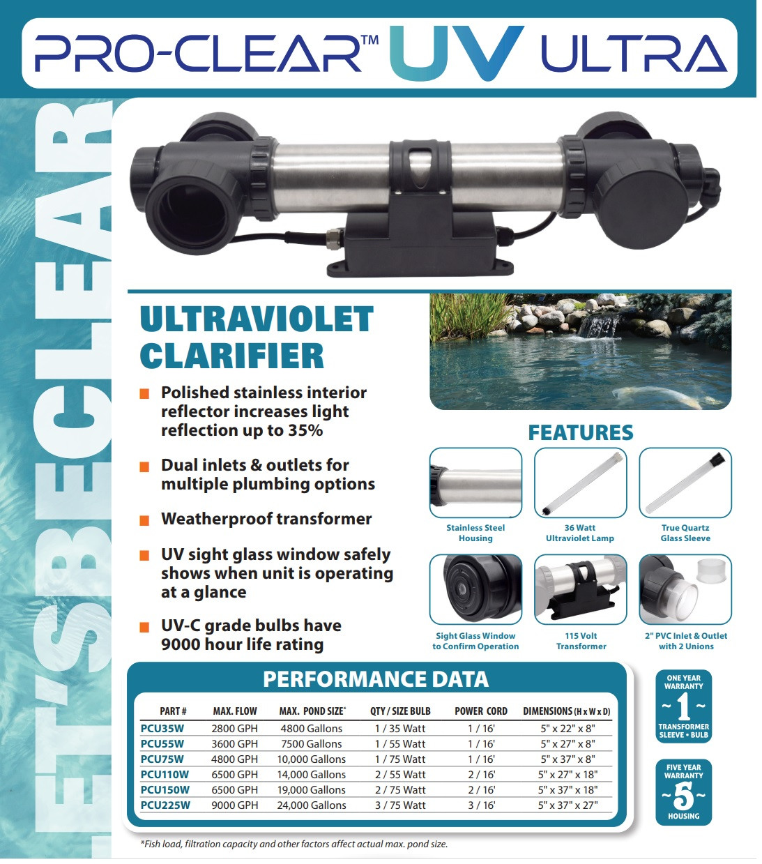 EasyPro Pro-Clear UV Ultra Stainless Steel UV Clarifiers - 110 watt | Pond Water Treatment Supplies