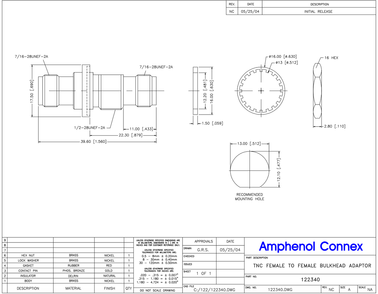 TNC Double Female Bulkhead Coaxial Adapter - Amphenol 122340 - AMQ