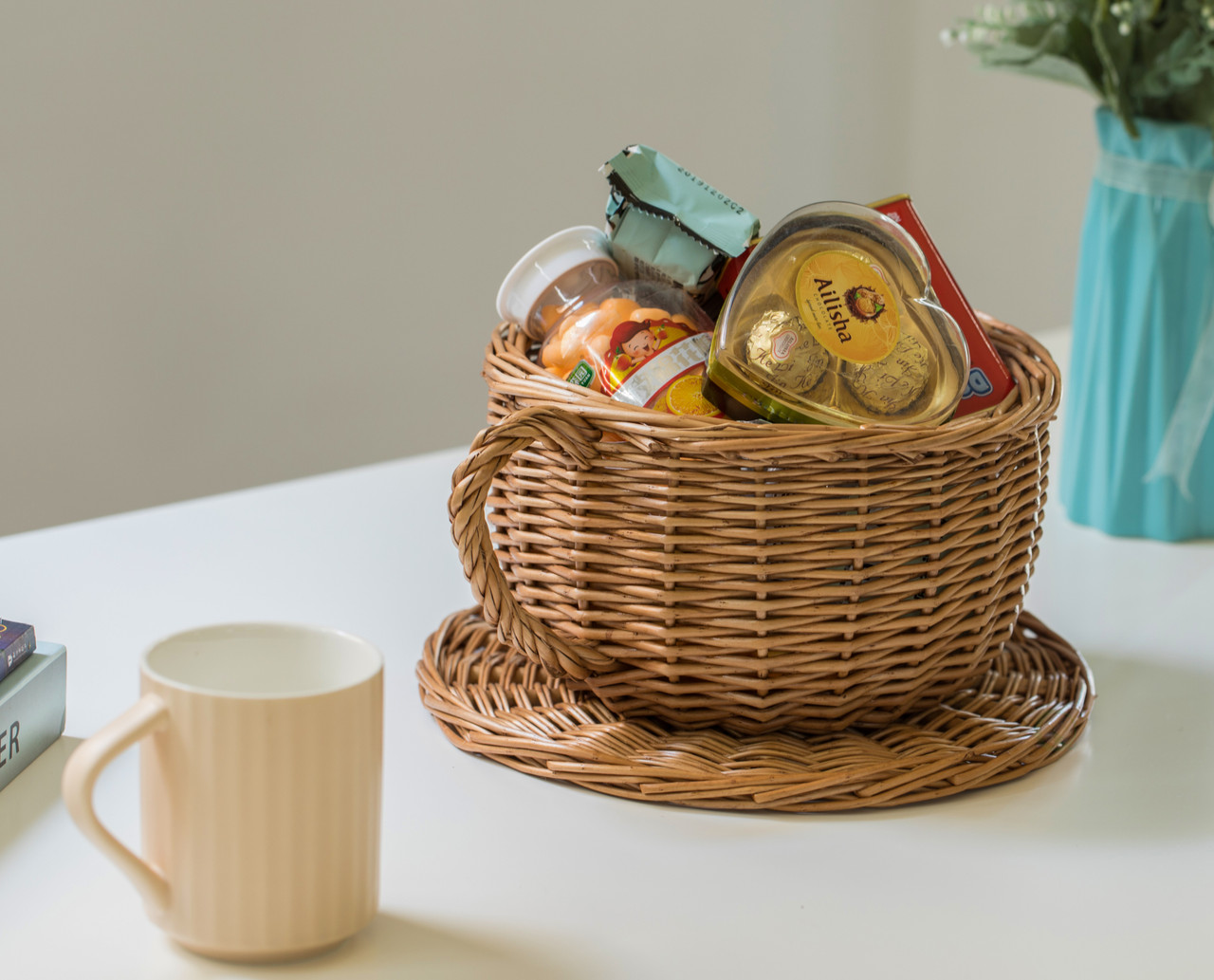 Wicker Saucer Coffee Mug Cup Decorative Gift Basket Desk Organizer ...