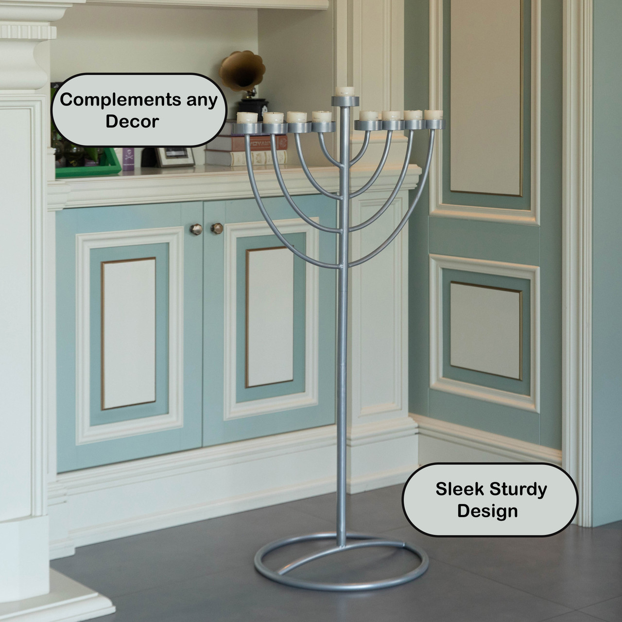 Modern Silver 9 Branch Lighting Thin Pipe Hanukkah Menorah, Metal ...