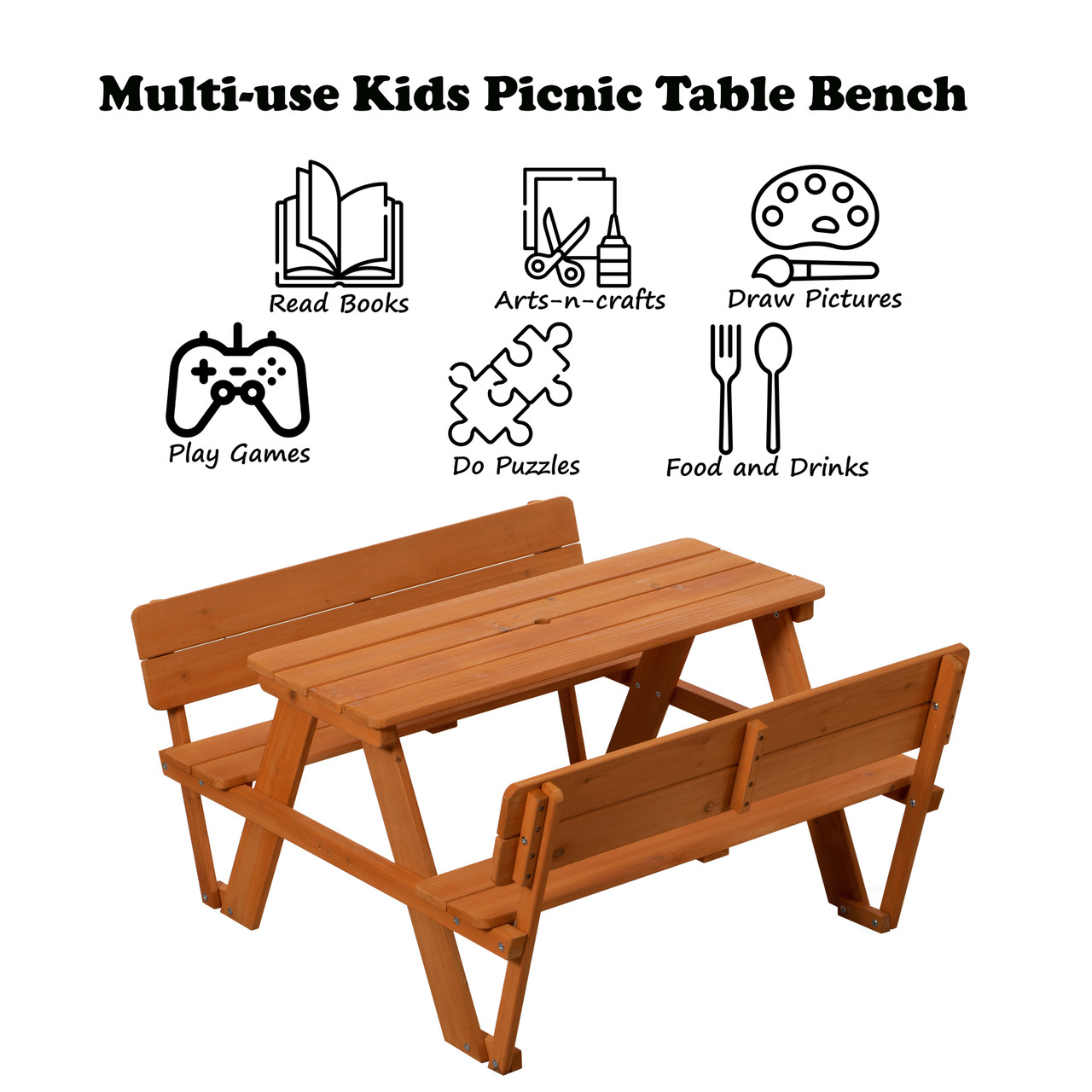 Wooden Kids Picnic Table Bench with Backrest, Outdoor Children's ...