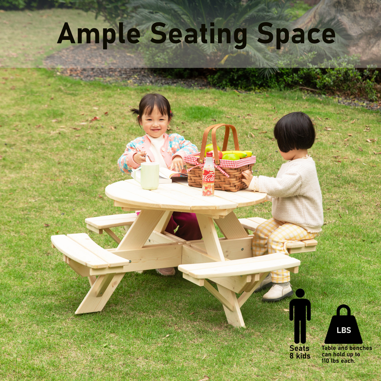 Wooden Kids Round Picnic Table Bench, Outdoor Children's Backyard Table ...
