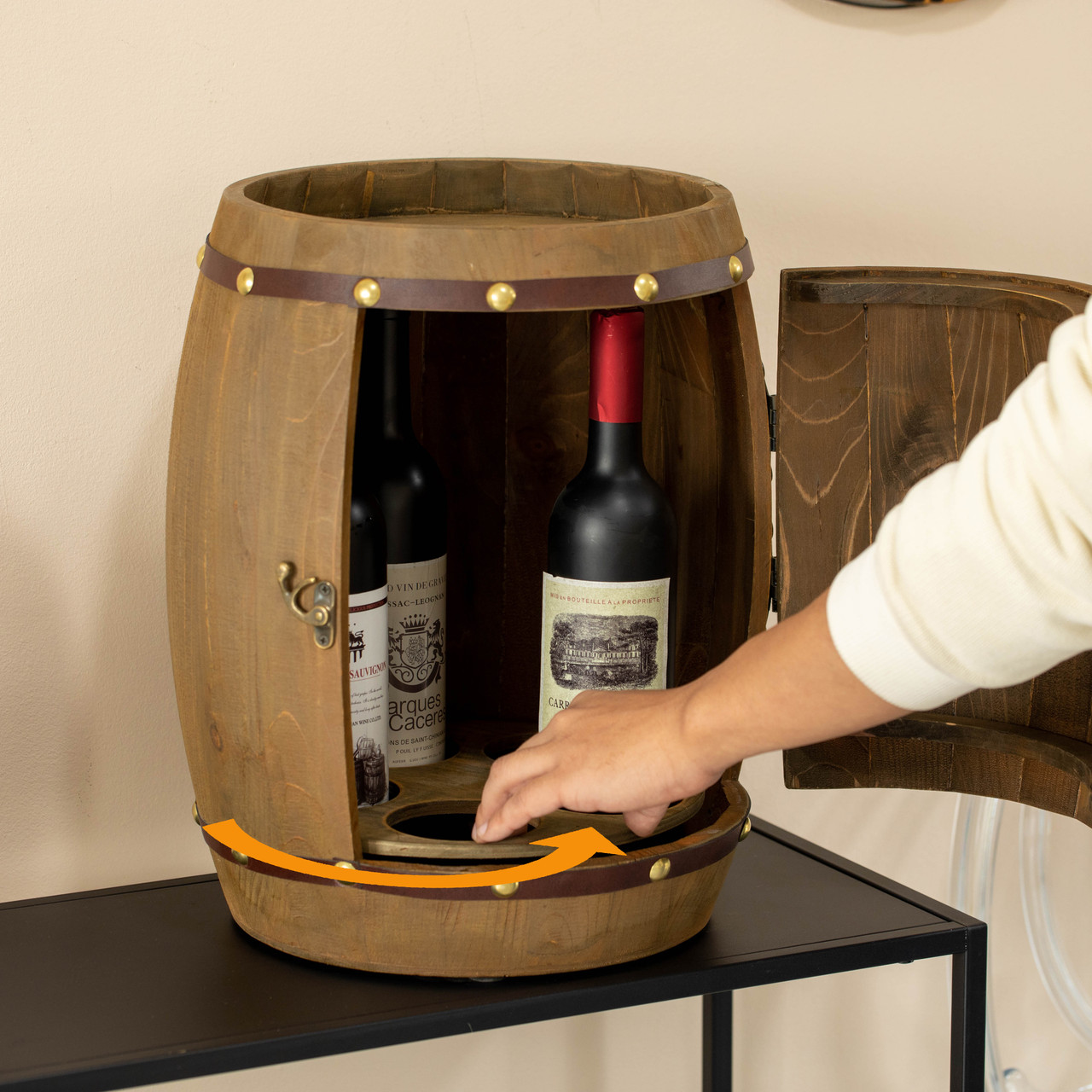 Vintage Wooden Barrel Shaped Wine Holder with a rotating turntable that ...