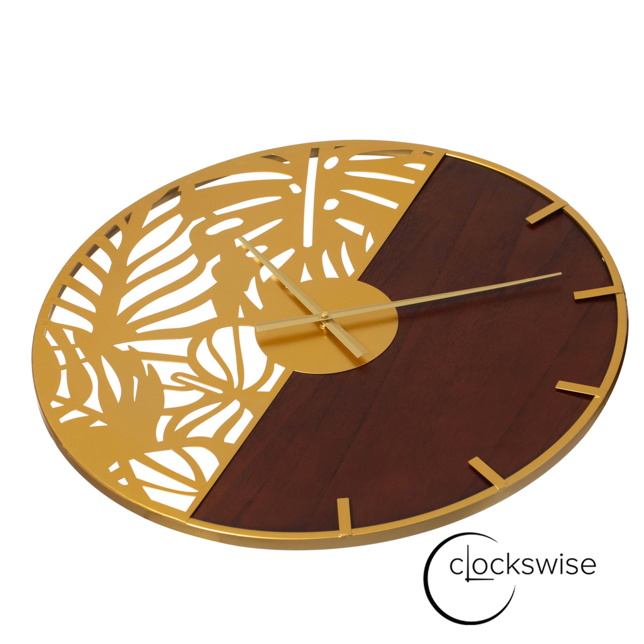 23.6” Modern Round Big Wall Clock, Decorative brown wood and gold Metal ...