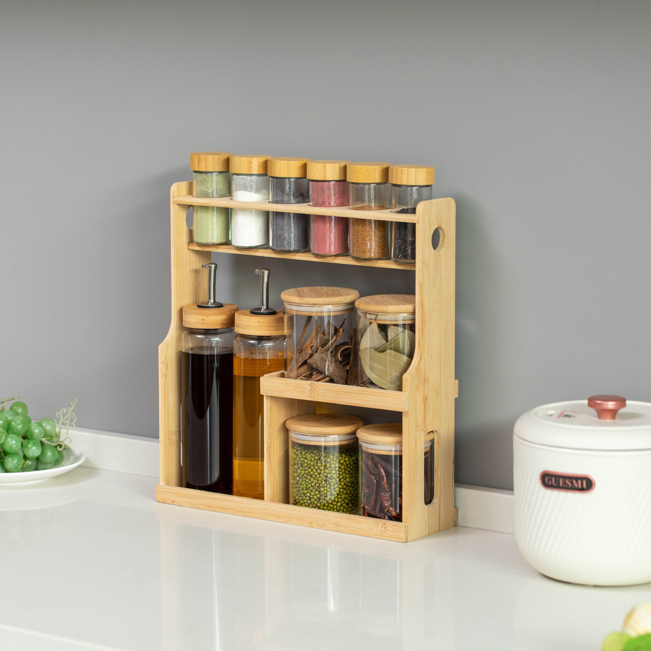Basicwise 3-Tier Bamboo Spice Rack with 6 Spice Shaker Bottles, 4 ...
