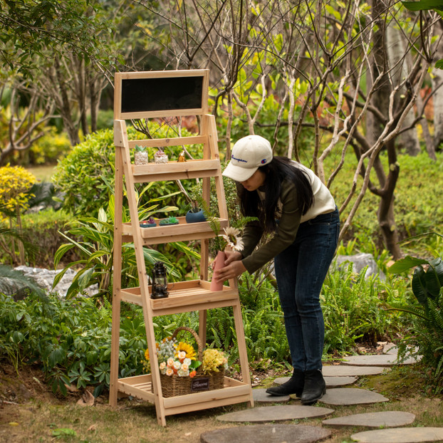 Decorative Wooden 4-Tier Chalkboard Ladder Shelf, Flower Plant Pot ...