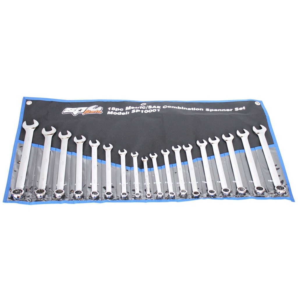 SP10001, SP TOOLS 18 PIECE SAE & METRIC COMBINATION SPANNER SET