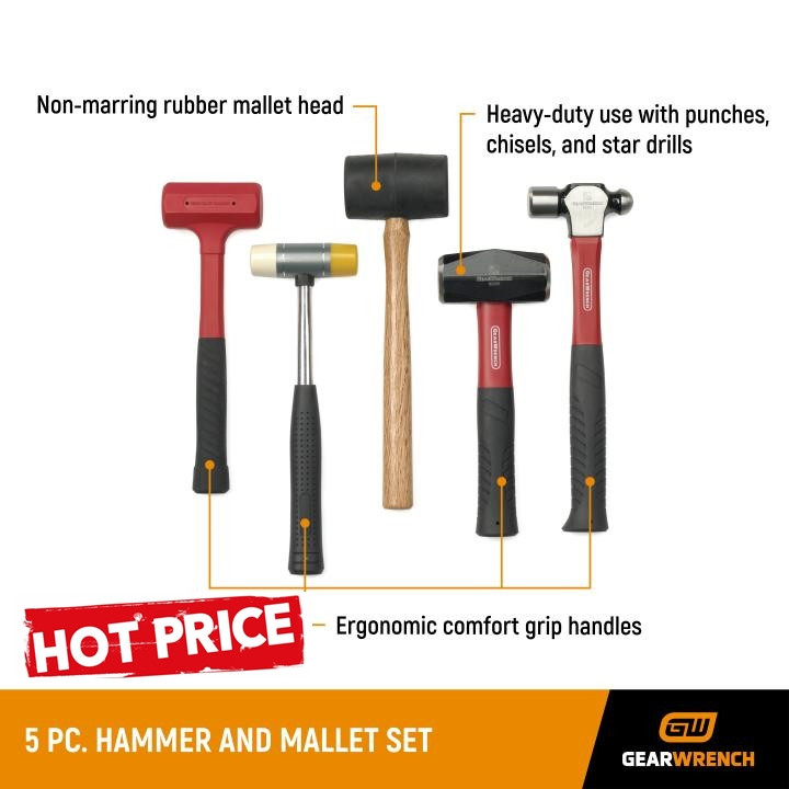 82303D | Gearwrench 5 Pce Hammer and Mallet Set