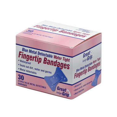 Waterproof Blue Water Proof Metal Detectable Fingertip Bandages, 30 per box