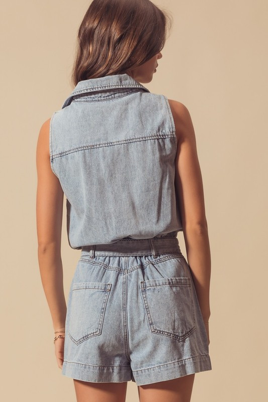 Denim Button Up Belted Romper - Longhorn Fashions