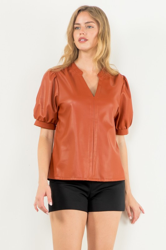 Rust Vegan Leather Puff Sleeve Top - Longhorn Fashions