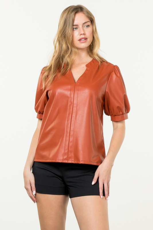 Rust Vegan Leather Puff Sleeve Top - Longhorn Fashions