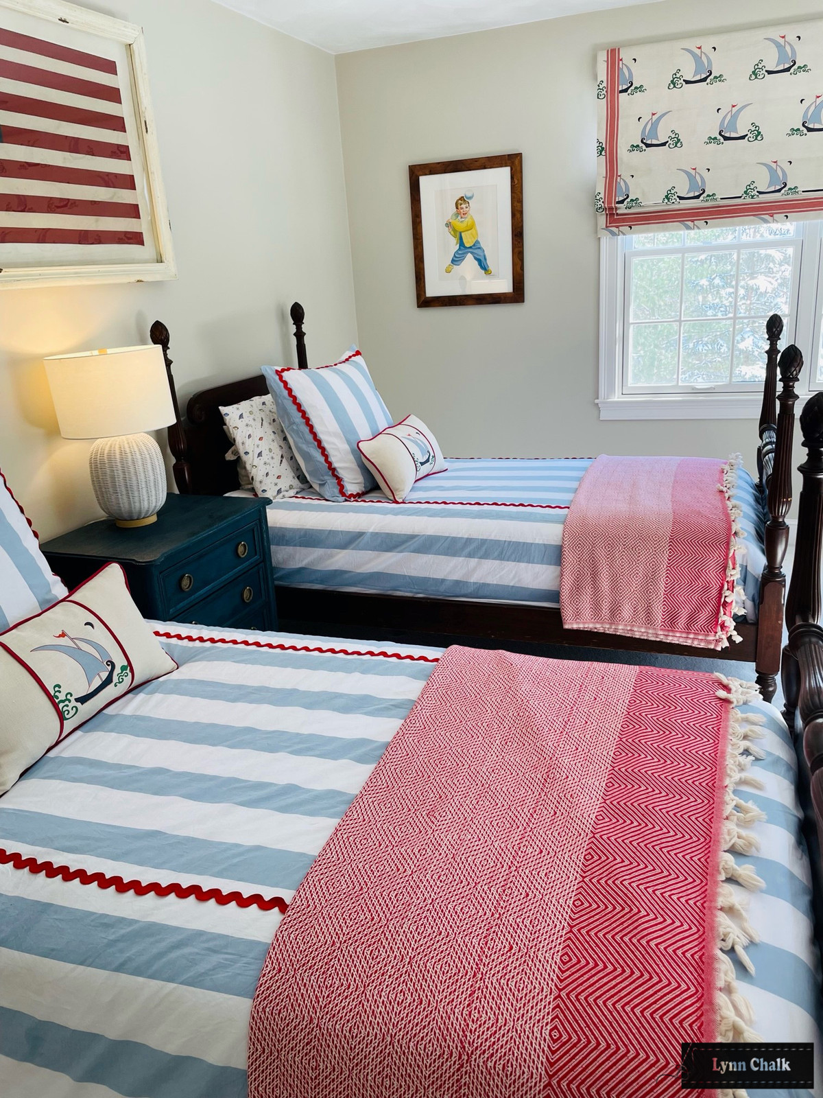 Katie Ridder Beetlecat Roman Shades shown in Lavender Blue with Navy Trim