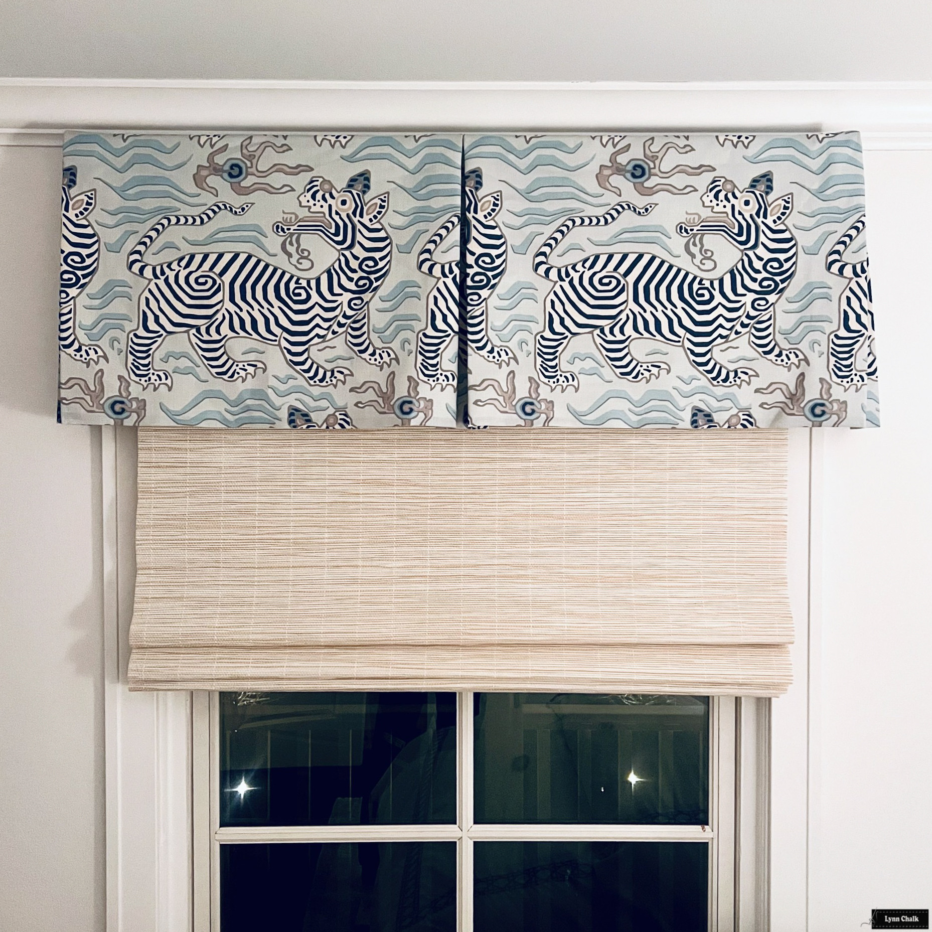 Custom Roman Shade in Clarence House Tibet Blues shown in Bathroom