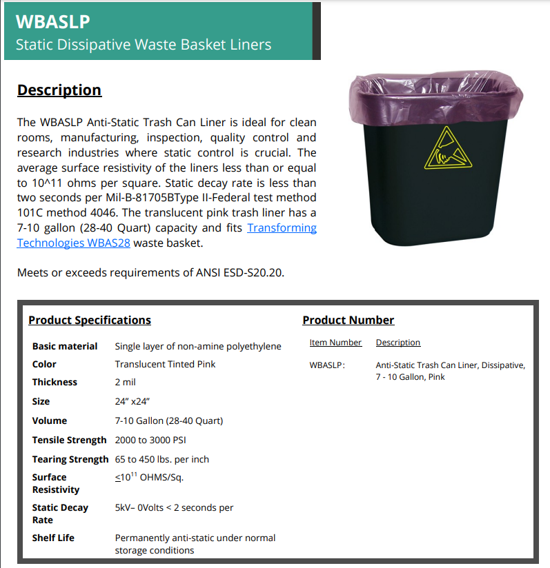 Dissipative ESD Trash Liners | WBASLP | statictek.com | Statictek.com