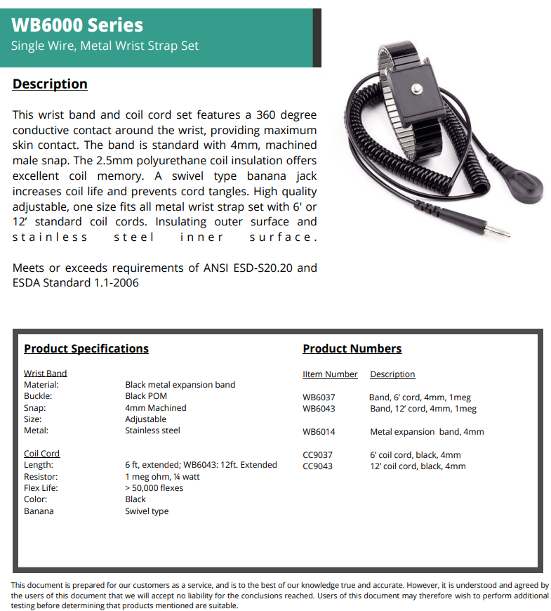 Wrist Strap Set, Premium, 6', 4mm Machined Post - WB6037 | Statictek.com