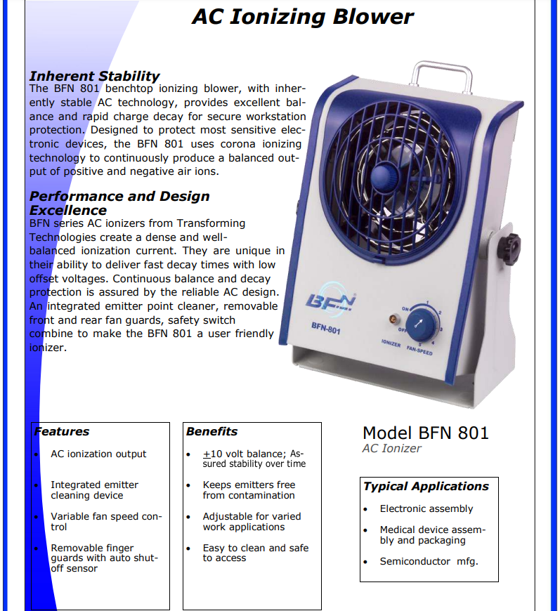Bench Top Ac Ionizer - BFN801 | statictek.com | Statictek.com
