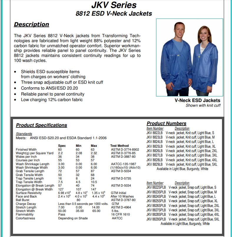 ESD Light Blue, Short Sleeve, V-Neck Jacket | JKV8812 | statictek.com ...