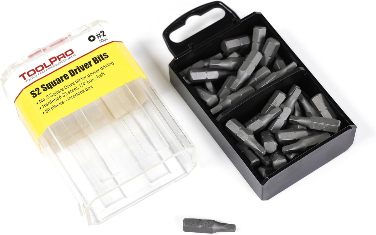 #2 Square Drive Bit Tips - Interlocking Storage Box of 50 - ToolPro