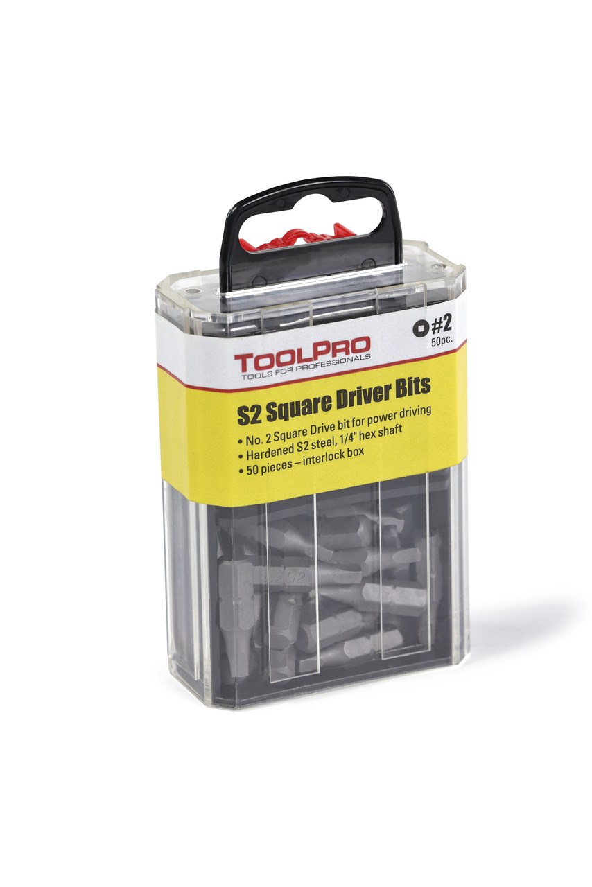 #2 Square Drive Bit Tips - Interlocking Storage Box of 50 - ToolPro