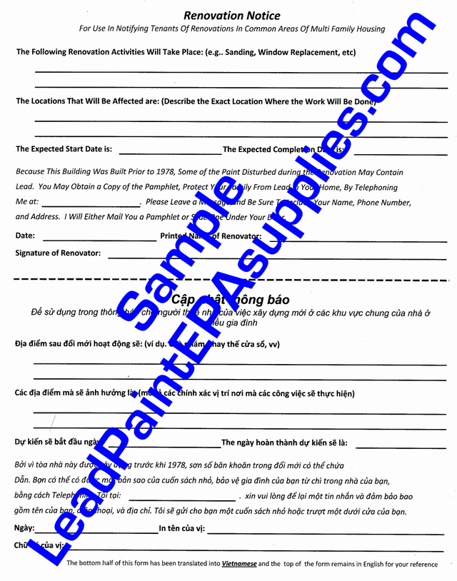 Renovation Notice Form, 10 Language, Order, Download, Save, Print