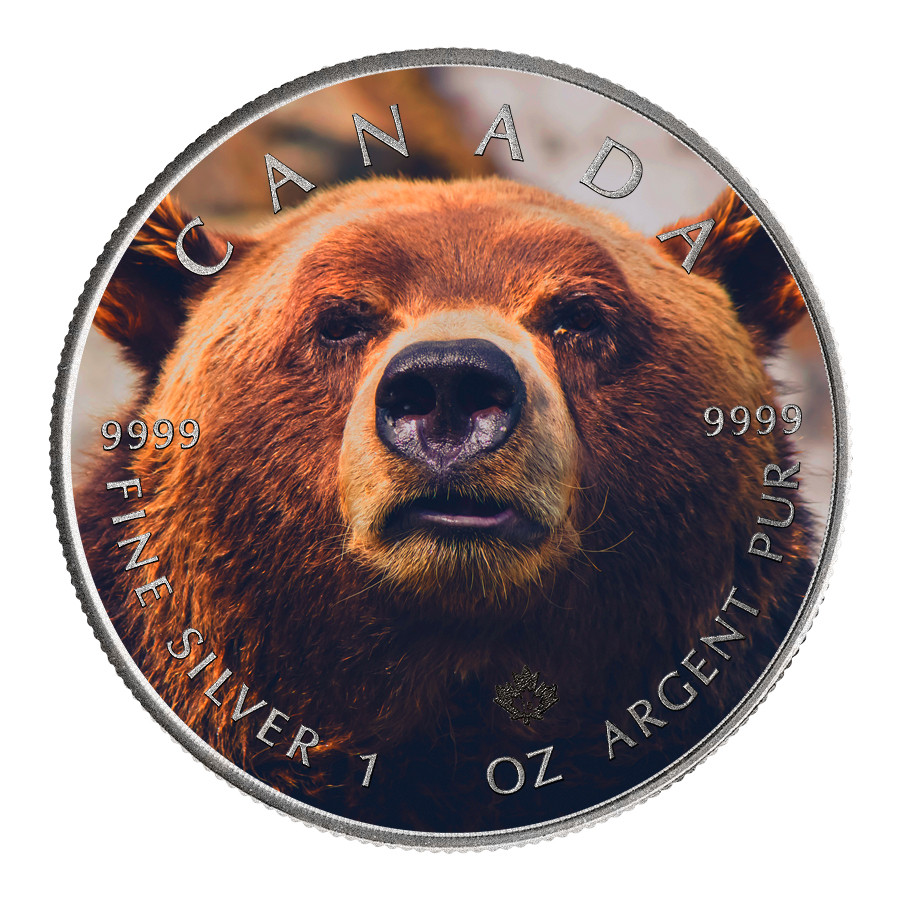 GRIZZLY BEAR WILDLIFE SERIES 1 oz Pure Silver Color Coin 2015