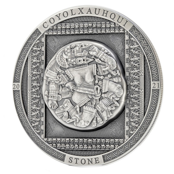 AZTEC COYOLXAUHQUI STONE 3 oz Silver Antique Coin Cook Islands 2021
