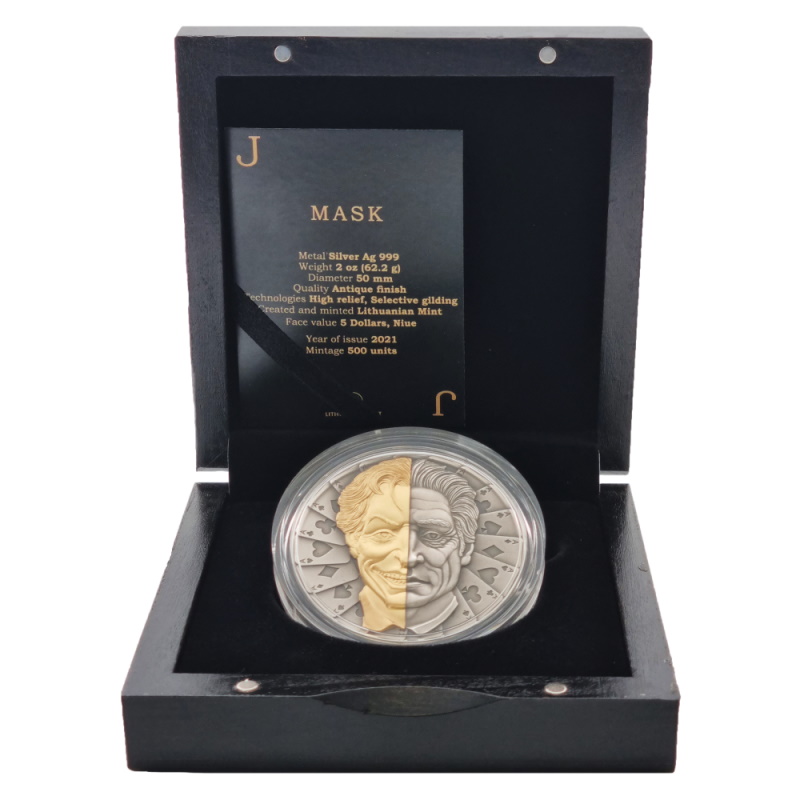 MASK 2 oz Silver High Relief Antique Finish Coin $2 Niue 2021