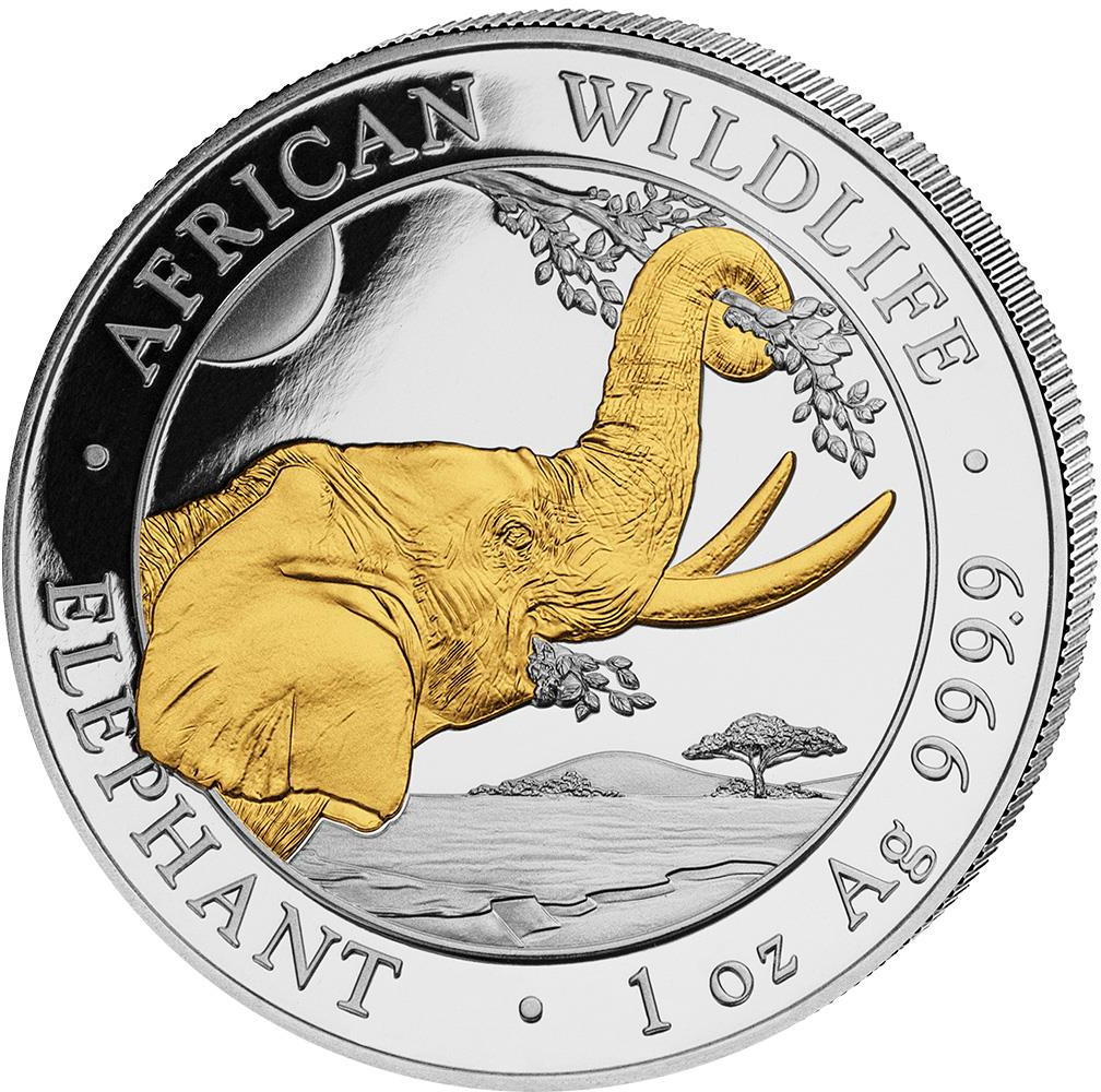 ELEPHANT African Wildlife 1 oz Silver Gilded Coin Somalia 2023