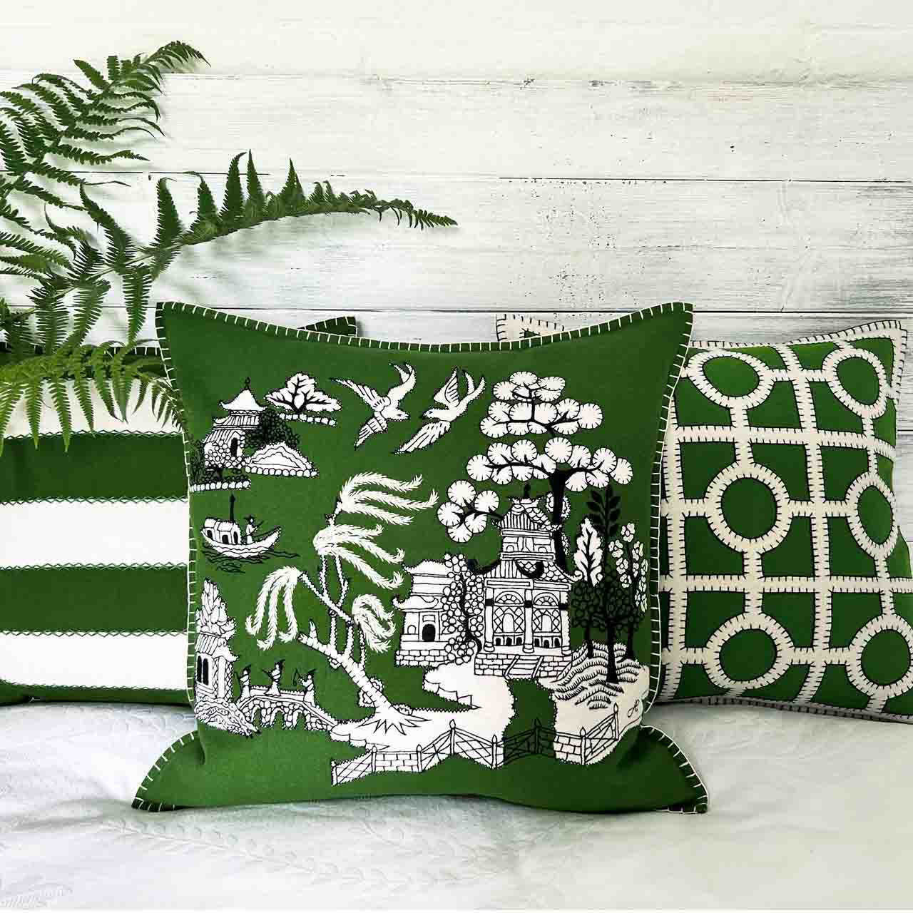 Willow Pattern Cushion in Hand Embroidered Green Wool | Jan Constantine