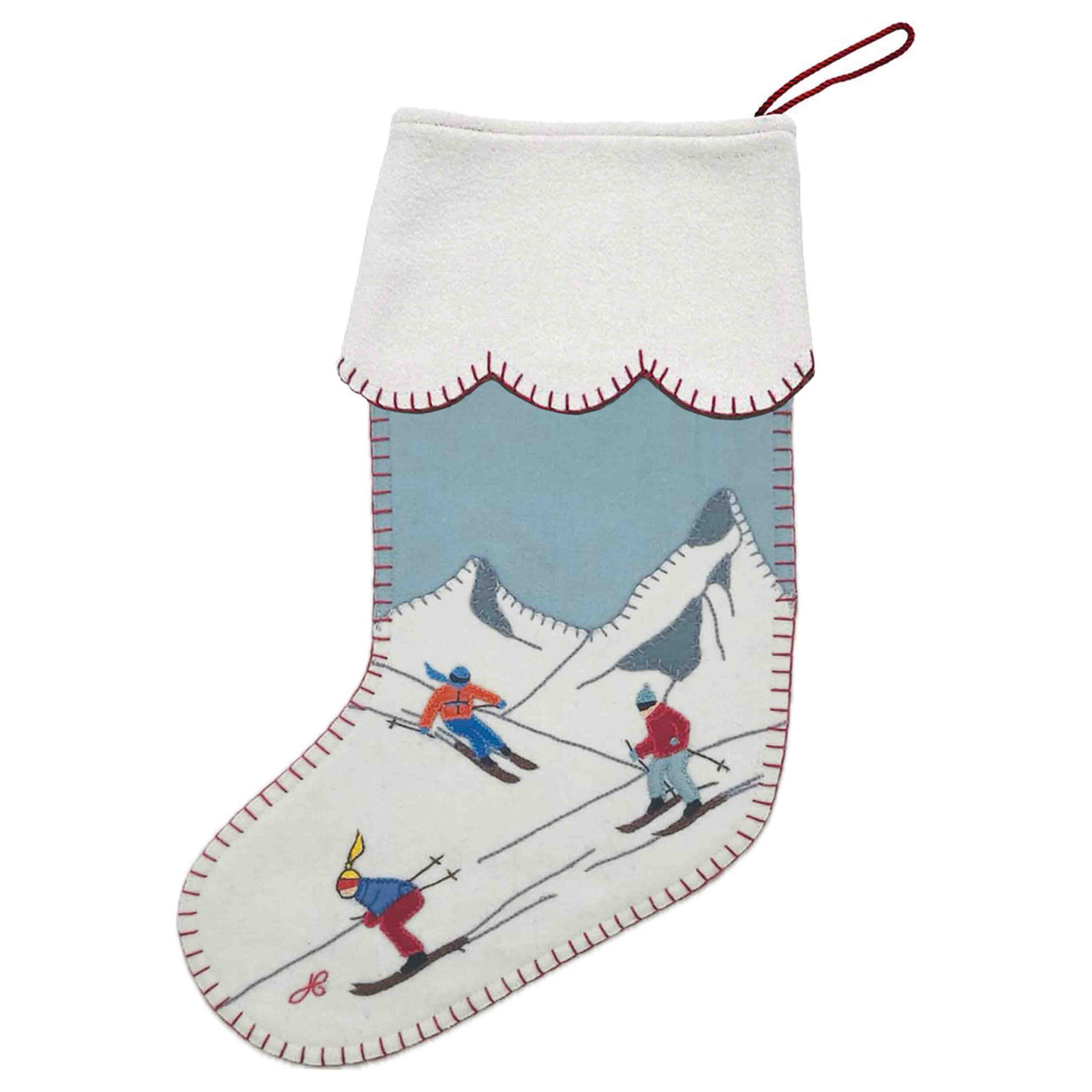 Blue and Cream Wool Little Skiers Christmas Stocking With Scalloped ...