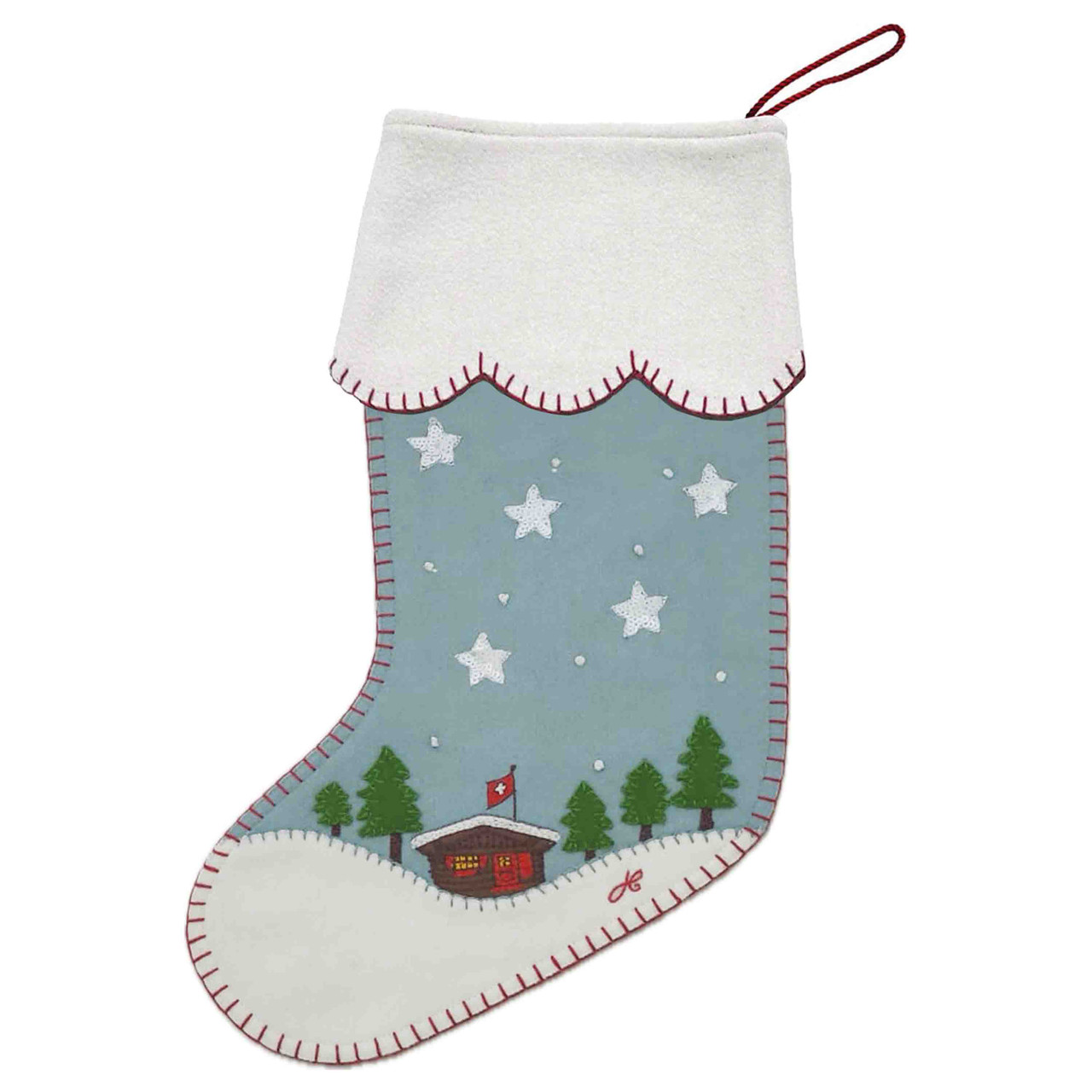 Blue and Cream Wool Ski Cabin Christmas Stocking With Scalloped Cuff ...