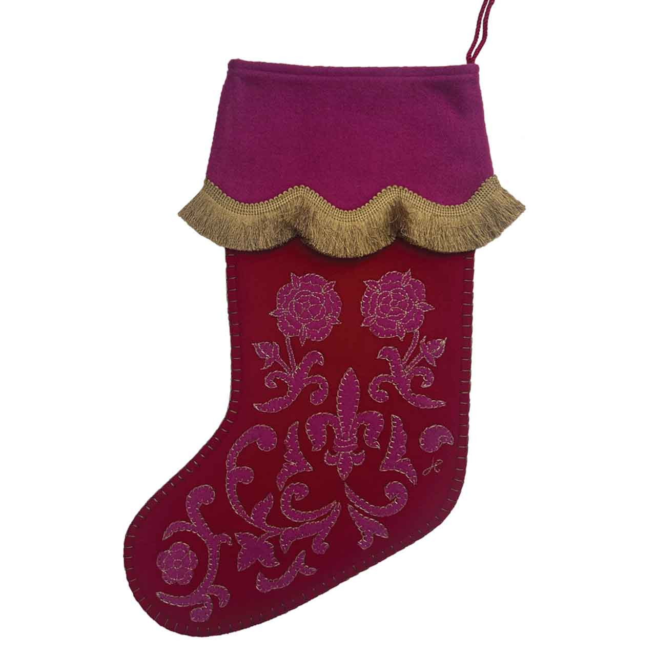 Red and Pink Wool Christmas Stocking With Tudor Rose Appliqué | Jan ...