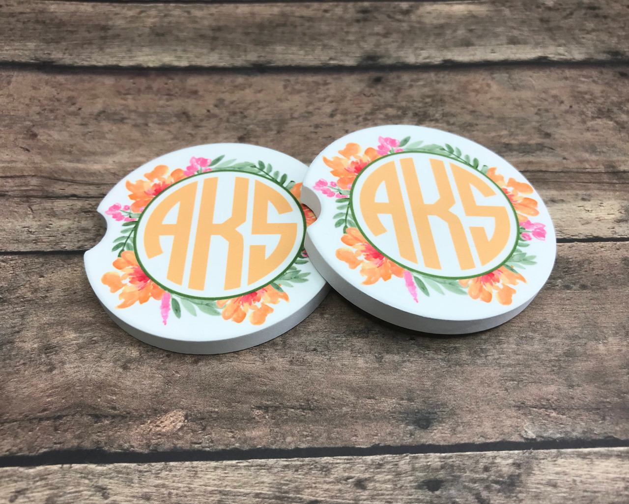 Flower Border Monogram Sandstone Car Coasters