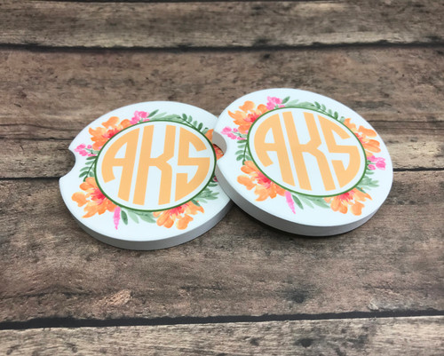 Flower Border Monogram Sandstone Car Coasters