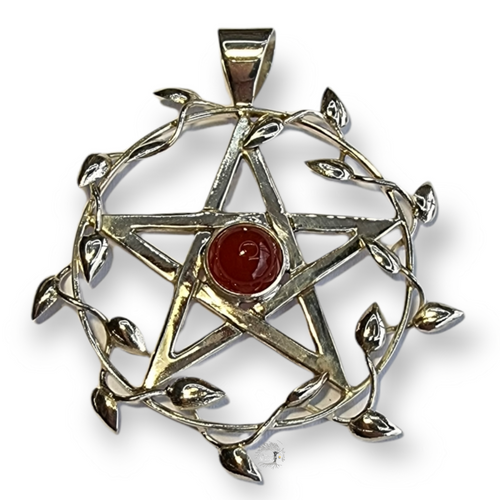 Sterling Silver Vine Leaf Pentacle Pendant Hand Crafted Carnelian 40mm