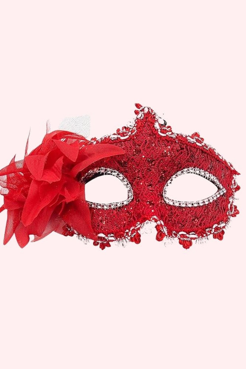 Red Lace Flower Masquerade Mask- Lucky Doll Lingerie Costumes