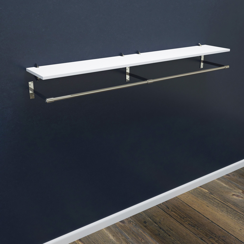 Wall-Mounted Wooden Shelf with Hanging Rail - W1800mm